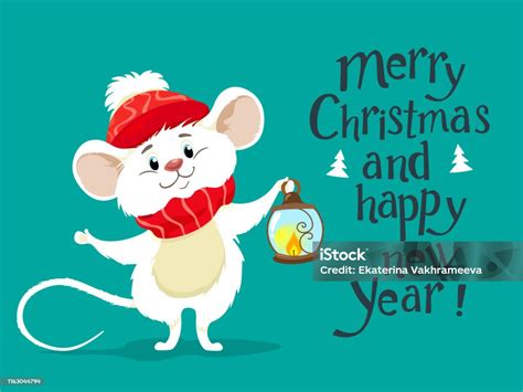 스카프와 빨간 모자에 귀여운 흰색 마우스 2020의 상징 만화 스타일의 라타투유 벡터 캐릭터 필기 메리 크리스마스와 새해 복 설 생쥐에 대한 스톡 벡터 아트 및 기타 이미지
