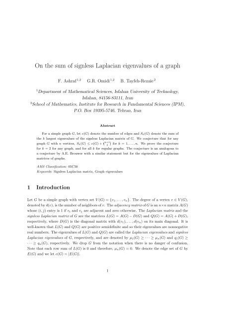 On The Sum Of Signless Laplacian Eigenvalues Of A Graph Math Ipm