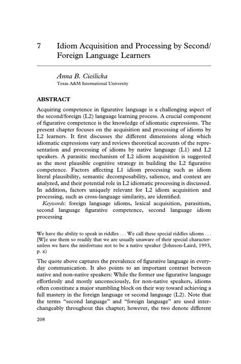 Pdf Idiom Acquisition And Processing By Secondforeign Language Learners