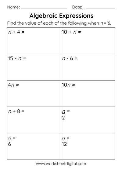 Grade 8 Math Algebraic Expressions Worksheets