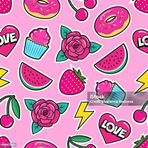 다채로운 패치 귀여운 완벽 한 패턴입니다 로즈 체리 심장 수 박 도넛 컵 케 익 핑크 바탕에 딸기 등의 스티커 도넛에 대한 스톡 벡터 아트 및 기타 이미지 Istock