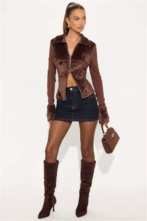 Jade Fur Trim Ribbed Top Brown Fashion Nova