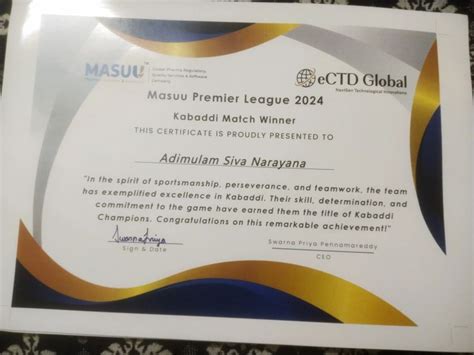 Siva Narayana Adimulam On Linkedin I Am Happy To Share My Certificate For The Kabbadi