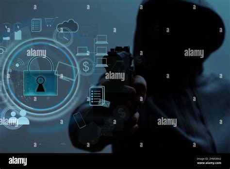 Hacking And Malware Concept Hacker Using Abstract Laptop With Digital Interface Double