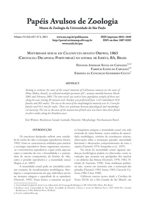 Pdf Maturidade Sexual Em Callinectes Ornatus Ordway 1863 Crustacea Decapoda Portunidae No