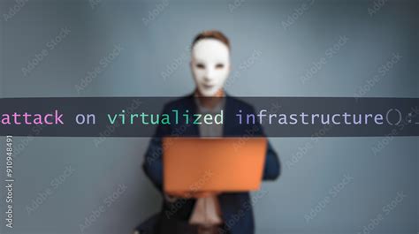 Cybersecurity Concept On Virtualized Infrastructure On Foreground Screen Hacker Silhouette