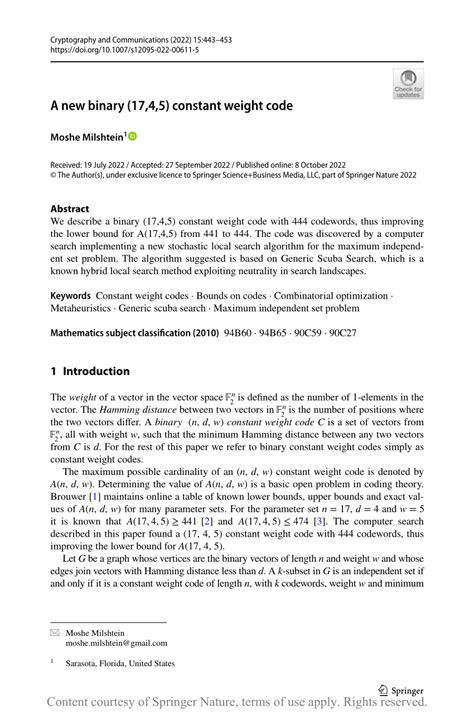A New Binary 1745 Constant Weight Code