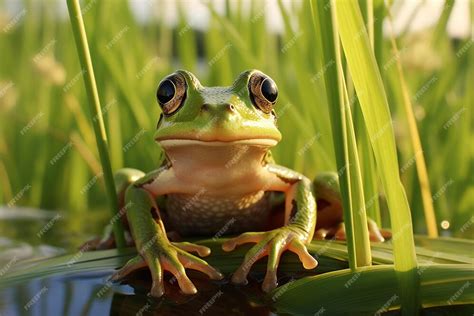 Frog Blending Into A Background Of Tall Grass Premium Ai Generated Image