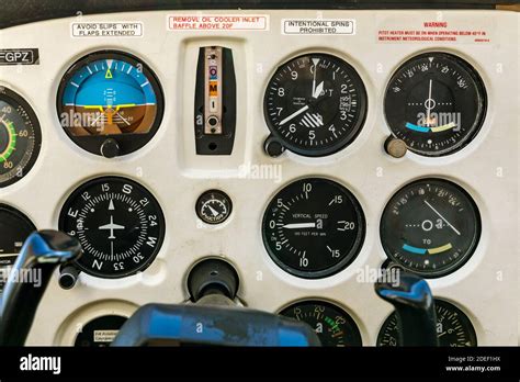 Closeup Of An Analog Instrument Panel In A Vintage Cessna Stock