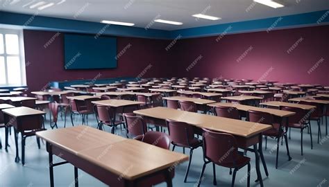 Serene Empty University Classroom With Blurred Desks And Chairs