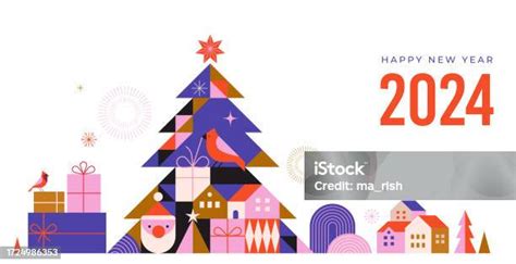2024년 새해 복 많이 받으세요 현대적인 미니멀리스트 기하학적 스타일의 크리스마스 트리 플랫 만화 스타일의 다채로운 그림 기하학적 패턴 별 추상적 요소가 있는 크리스마스