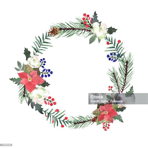 전나무 가지 레드 베리 포인세티아 크리스마스 요소와 수채화 화환 새해 복 분 및 크리스마스 인쇄 벽지 직물에 대한 원 프레임 겨울 디자인 벡터 꽃 식물에 대한 스톡 벡터