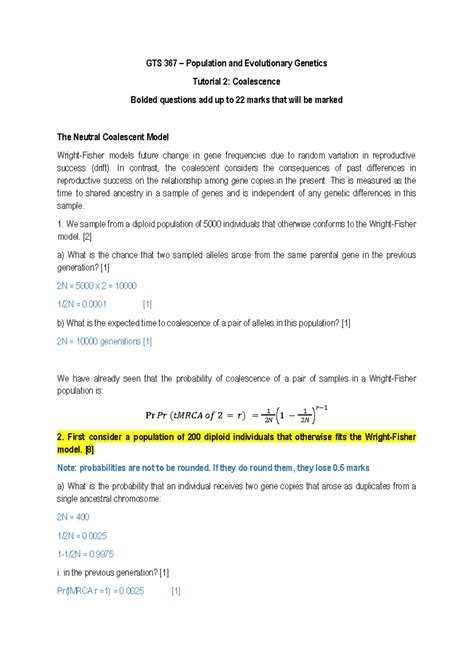 Tutorial Memo GTS Population And Evolutionary Genetics Tutorial Coalescence Hand In