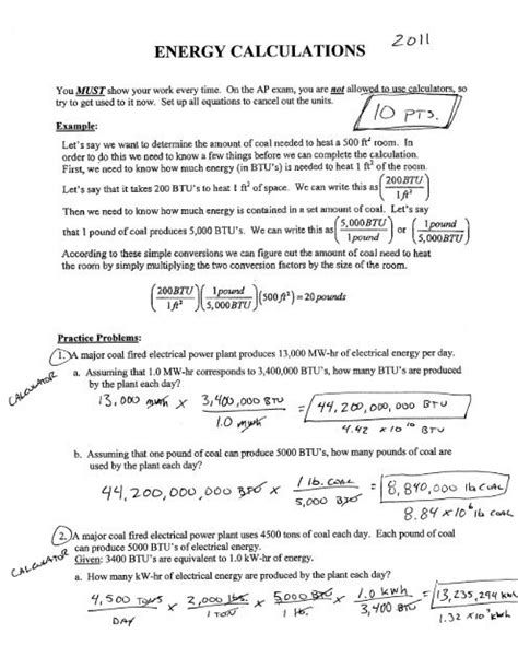 Energy Calculations Worksheet 1 Answers Worksheets Library