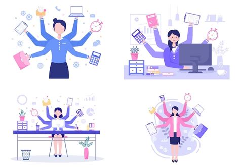 멀티 태스킹 비즈니스 우먼 일러스트 무료 벡터