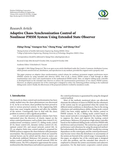 Pdf Adaptive Chaos Synchronization Control Of Nonlinear Pmsm System