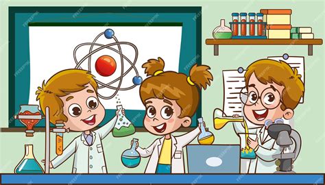 코트를 입고 연구하는 작은 과학자 만화 터 프리미엄 벡터