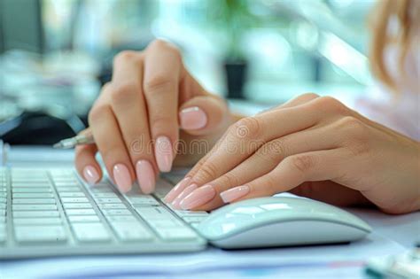 Closeup Of Womans Hands Typing On Computer Keyboard And Using Mouse In Modern Office Environment