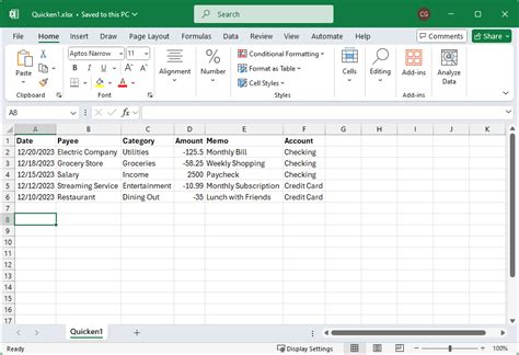 Exporting Data From Quicken To Import Load Into The Excel Checkbook