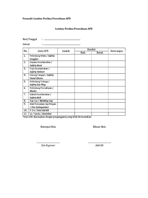 Formulir Lembar Periksa Persediaan Apd Pdf