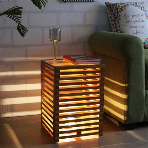Pine Wood Illuminating Nightstand Cum End Table Cum Floor Lamp Handcrafted Stacked Light Glass