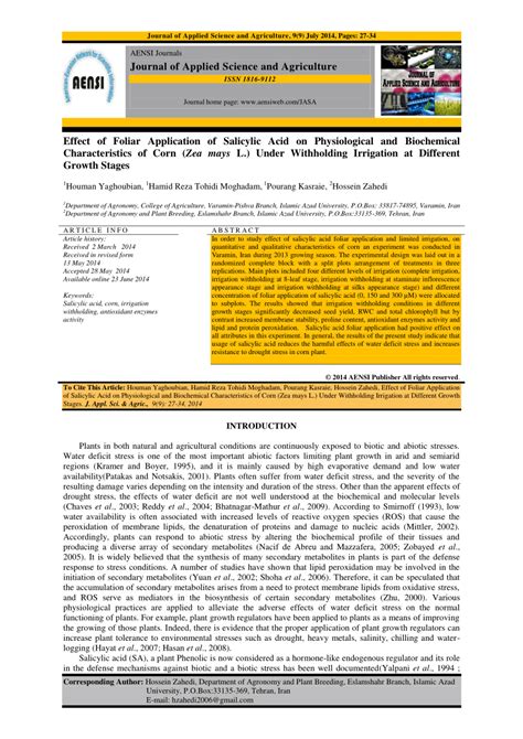 Pdf Effect Of Foliar Application Of Salicylic Acid On Physiological And Biochemical