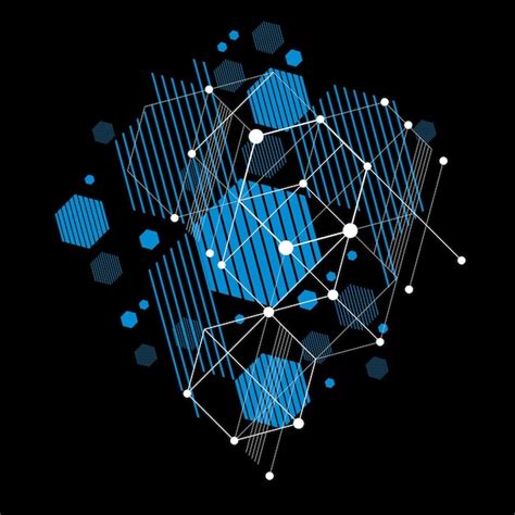벡터 Bauhaus 추상 파란색 배경은 격자와 겹치는 기하학적 요소 원 및 줄무늬 벌집으로 만들어졌습니다 레트로 아트웍 광고 포스터를 위한 기술 스타일 그래픽 템플릿