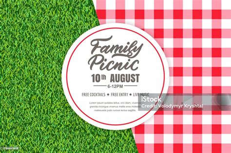 피크닉 시간 배너 녹색 잔디 배경에 식탁보가 있는 포스터 디자인 서예 글자 벡터 일러스트 레이 션 소풍 음식에 대한 스톡 벡터 아트 및 기타 이미지 Istock