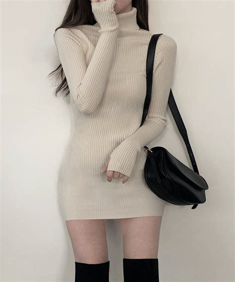 연말파티룩워머포인트 남심저격 목폴라 터틀넥 쫀쫀 골지 워머 긴팔니트 미니 원피스 3color 에이블리