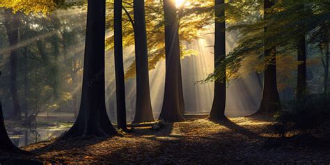 햇빛이 나무 사이로 들어오는 가을 숲 가을 고요 나무 배경 일러스트 및 사진 무료 다운로드 Pngtree