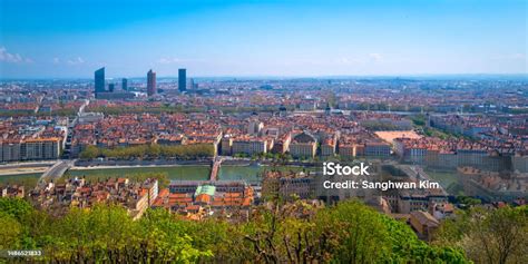 Lyon City Skyline Red Rooftop Houses The Saone River And Geometric
