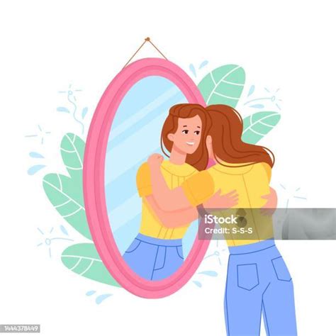거울에 비친 자신을 껴안아주세요 여자 모델 포옹 자신의 반성 존중 자신을 받아들이다 몸과 마음 자랑스러운 개념 십대 사랑 긍정적인 동기 부여 나를 지원 벡터 일러스트레이션