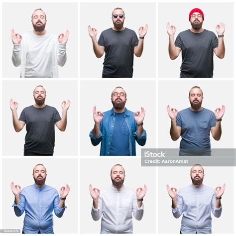격리 된 배경 위에 젊은 남자의 콜라주 휴식과 명상 손가락으로 제스처를 하 고 폐쇄 눈으로 웃 고 요가 개념 개념에 대한 스톡 사진 및 기타 이미지 Istock