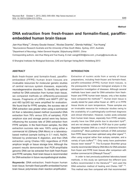 Pdf Dna Extraction From Fresh Frozen And Formalin Fixed