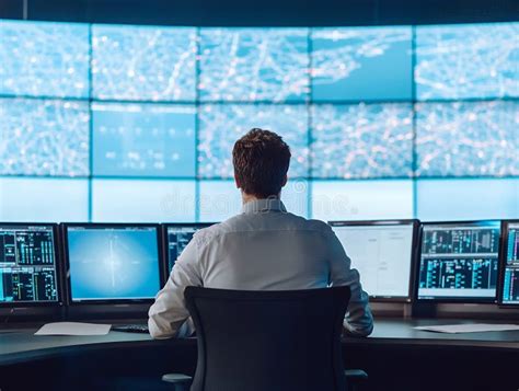 A Man Working At A High Tech Command Center Analyzing Data On Multiple
