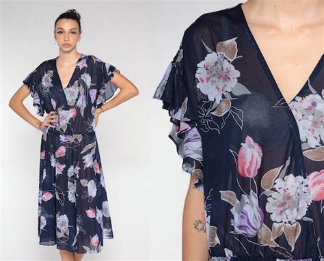 S Floral Midi Dress Semi Sheer Blue Flower Print Bl Gem