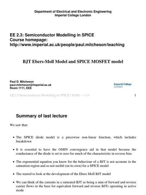Bjt Ebers Moll Model And Spice Mosfet Model Pdf Bipolar Junction