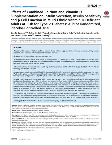 Pdf Effects Of Combined Calcium And Vitamin D Supplementation On Insulin Secretion Insulin