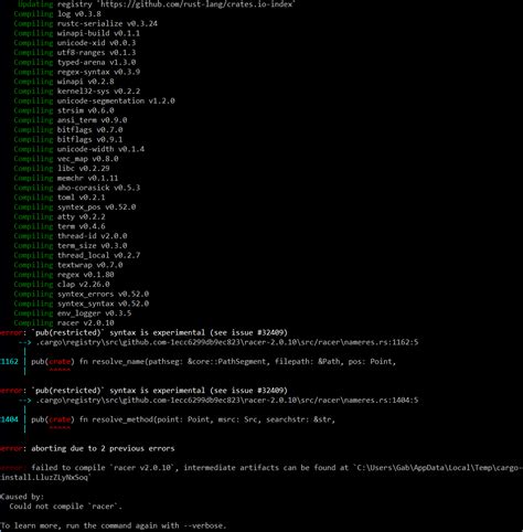rust can t install racer pub restricted syntax is experimental
