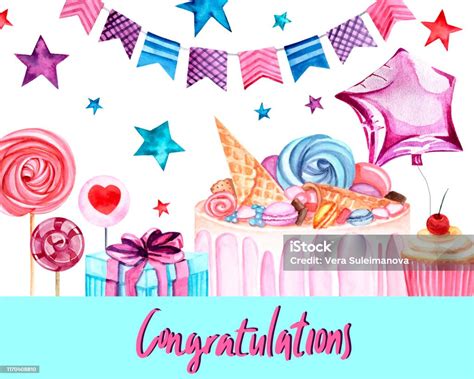축하 문자와 수채화 그림입니다 선물 롤리팝 케이크 풍선 별과 배경에 화환 인사말 카드 초대장 배너 및 포스터를 인쇄합니다 0명에 대한 스톡 벡터 아트 및 기타 이미지