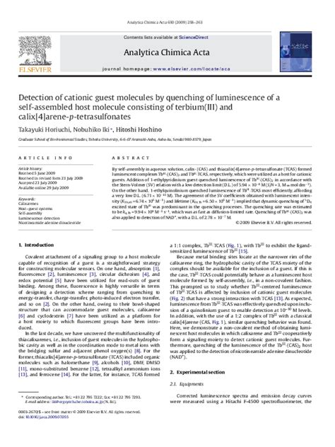Pdf Detection Of Cationic Guest Molecules By Quenching Of Luminescence Of A Self Assembled