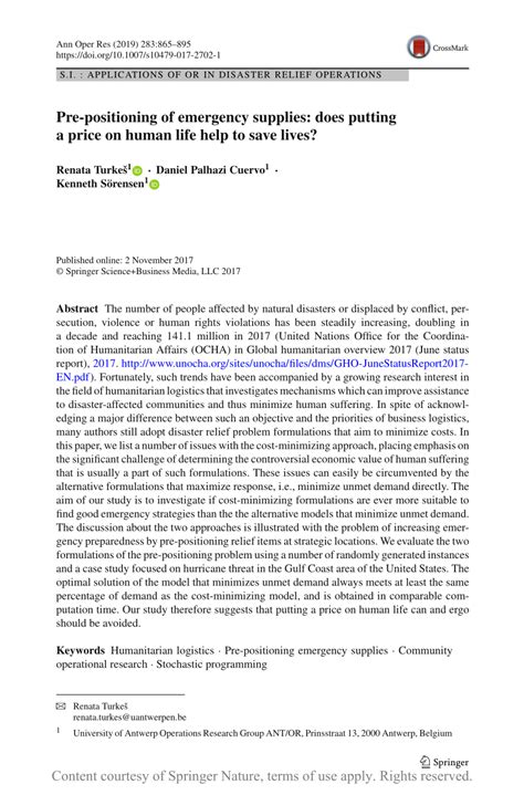 Pre Positioning Of Emergency Supplies Does Putting A Price On Human Life Help To Save Lives