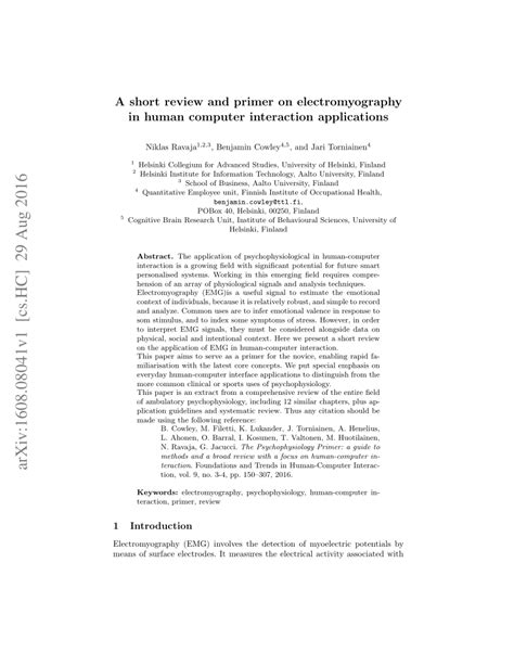 Pdf A Short Review And Primer On Electromyography In Human Computer Interaction Applications