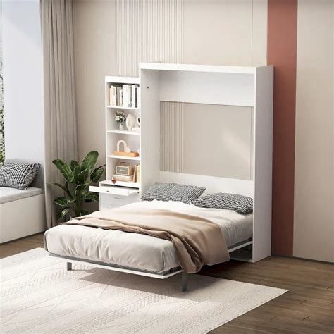 White Full Size Murphy Bed With Integrated Shelves And Drawers Gas S