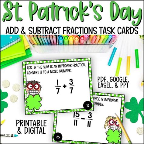 St Patricks Day Adding And Subtracting Fractions Task Cards Curious