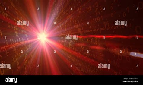 digital technology concept fiery red binary code flying from light