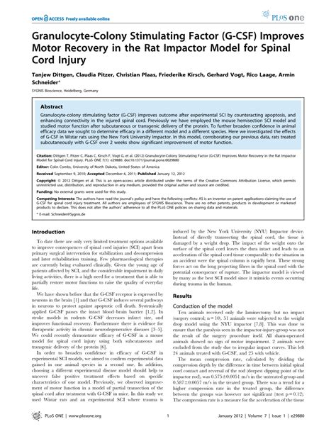 Pdf Granulocyte Colony Stimulating Factor G Csf Improves Motor Recovery In The Rat Impactor
