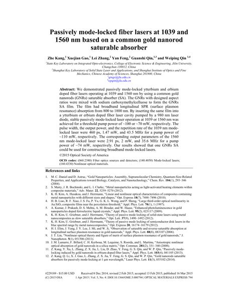 Pdf Passively Mode Locked Fiber Lasers At 1039 And 1560 Nm Based On A Common Gold Nanorod