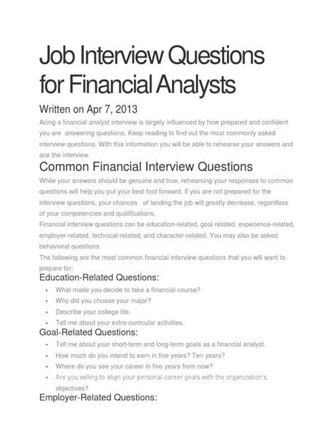 Job Interview Questions For Financial Analysts Job Interview