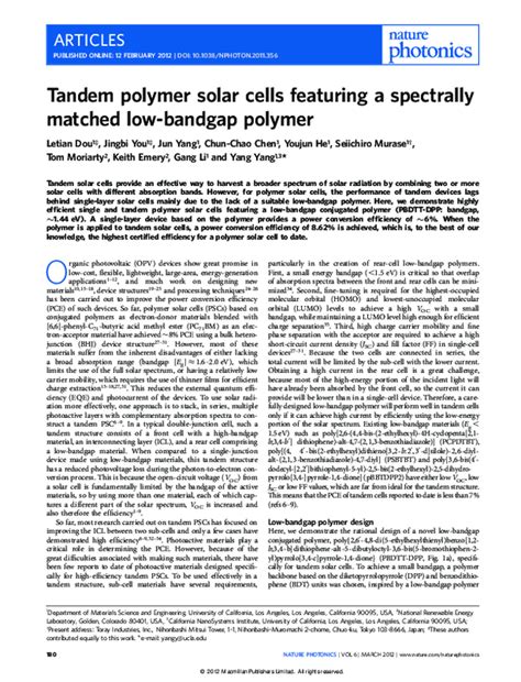 Pdf Tandem Polymer Solar Cells Featuring A Spectrally Matched Low